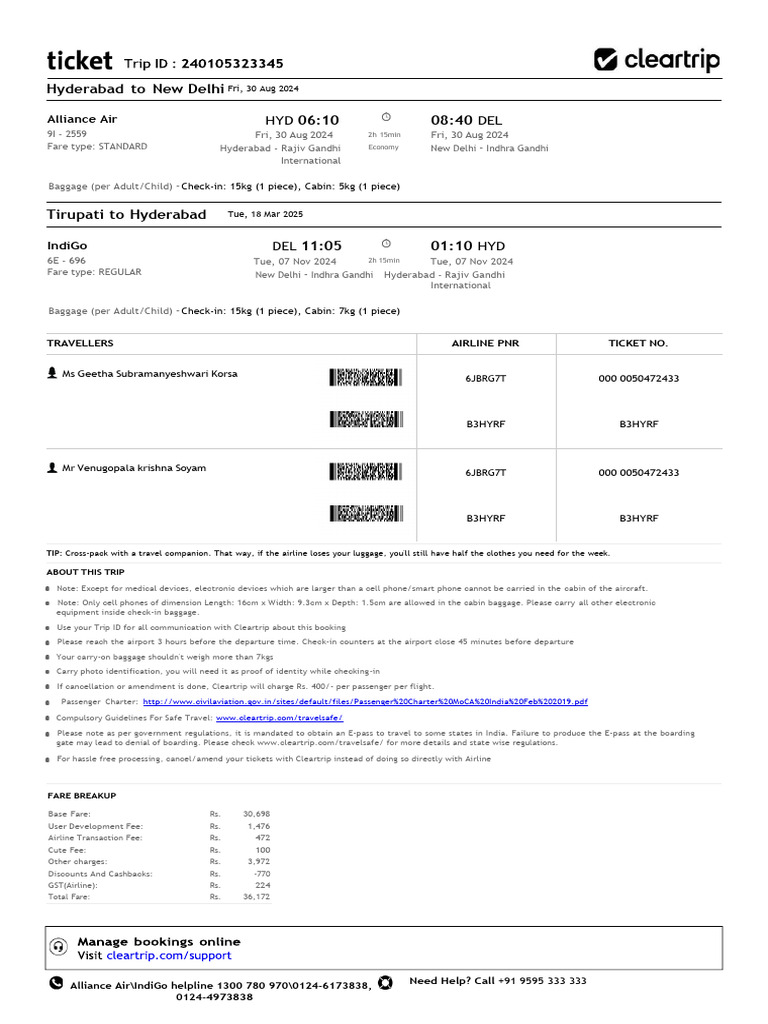 Cleartrip Flight E-Ticket Nov | PDF | Baggage | Aviation