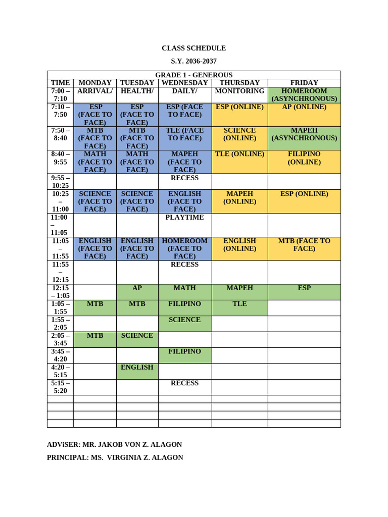 Grade 1 - Schedule | PDF
