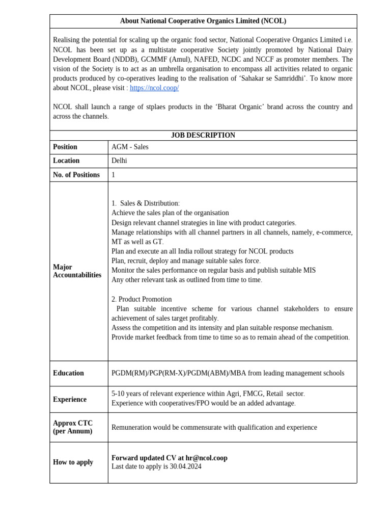 AGM Sales Position at NCOL | PDF