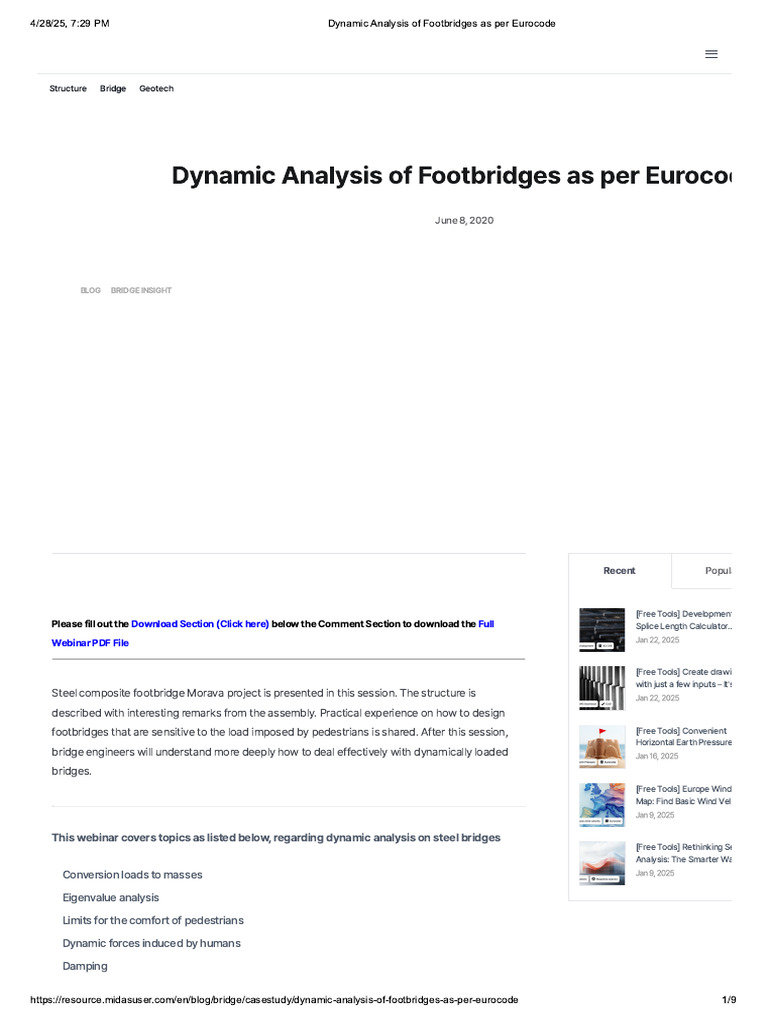 Dynamic Analysis of Footbridges As Per Eurocode | PDF
