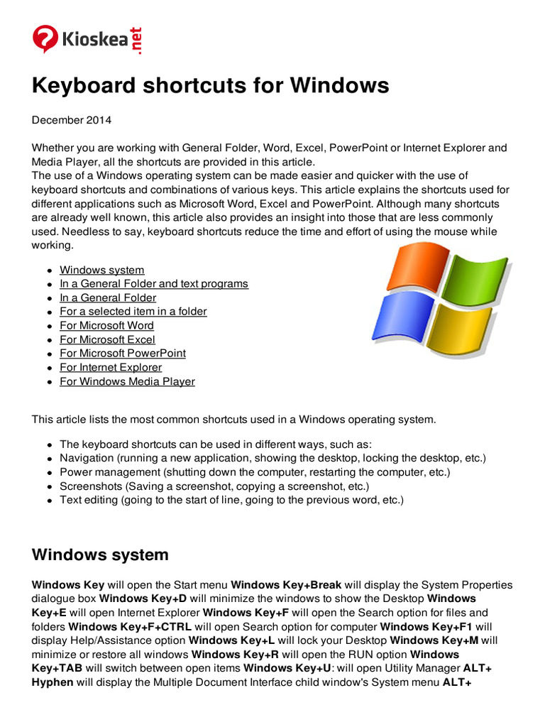 Keyboard Shortcuts For Windows | PDF | Microsoft Windows | Window (Computing)