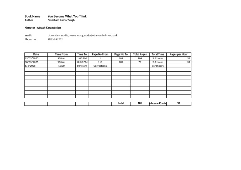 Studio Log Sheet - You Become What You Think | PDF