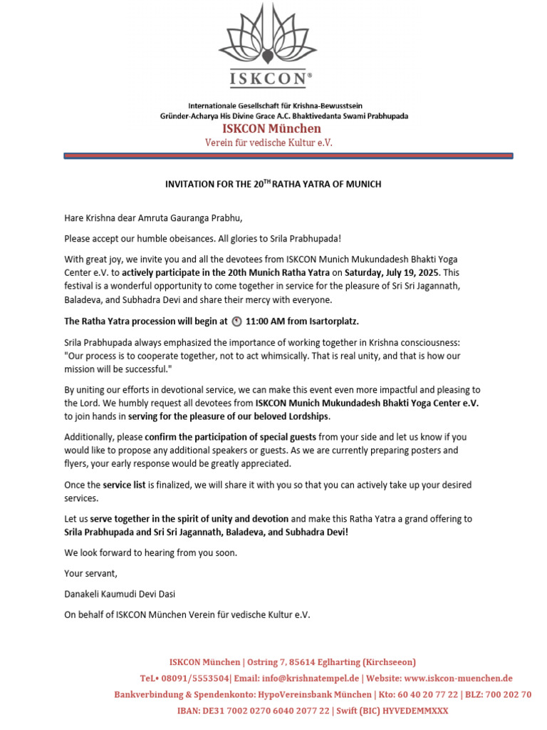 Invitation For The 20th Ratha Yatra in Munich - ISKCON Munich ...