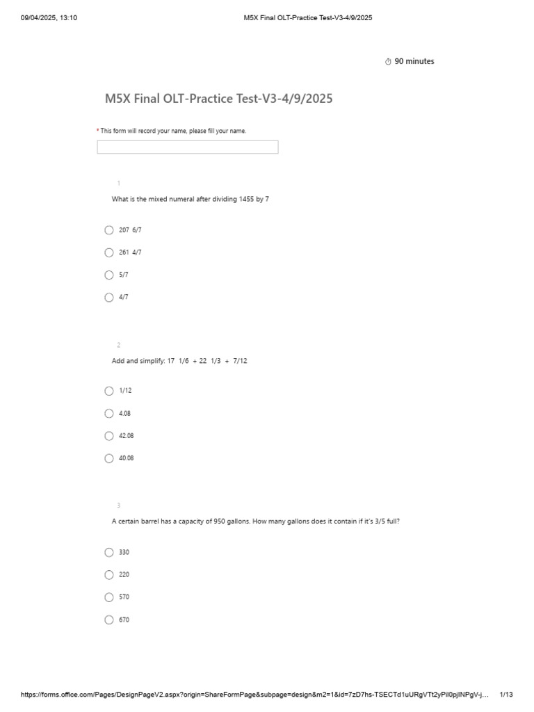 M5X Final OLT-Practice Test-V3-4 - 9 - 2025 | PDF | Area | Physical ...