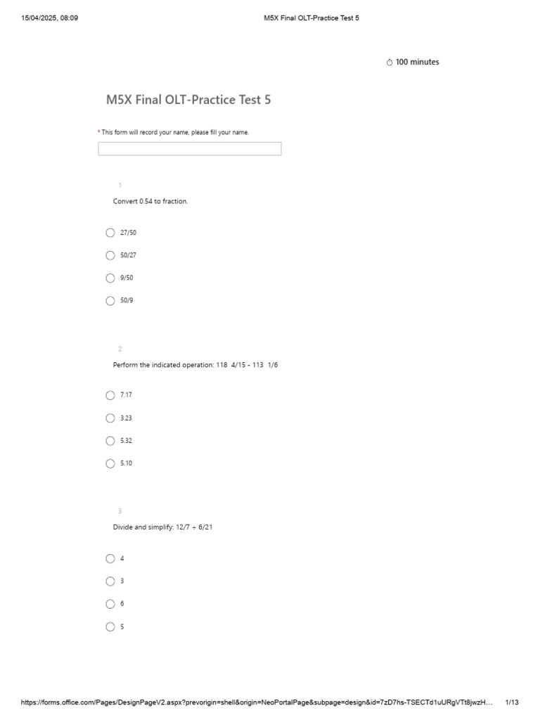 M5X Final OLT-Practice Test 5 | PDF | Area | Quantity