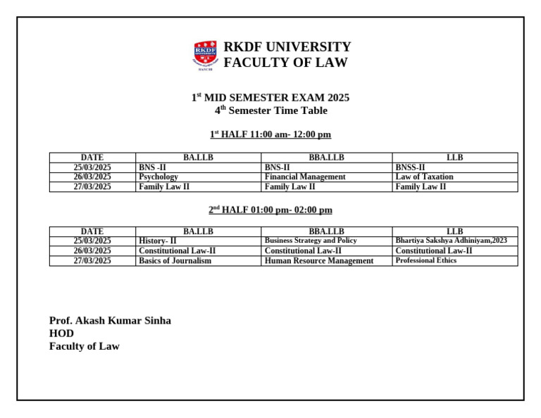 RKDF University Law Exam Timetable 2025 | PDF