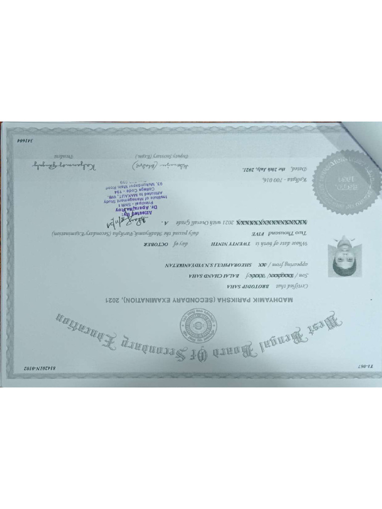 Madhyamik Pass Certificate | PDF