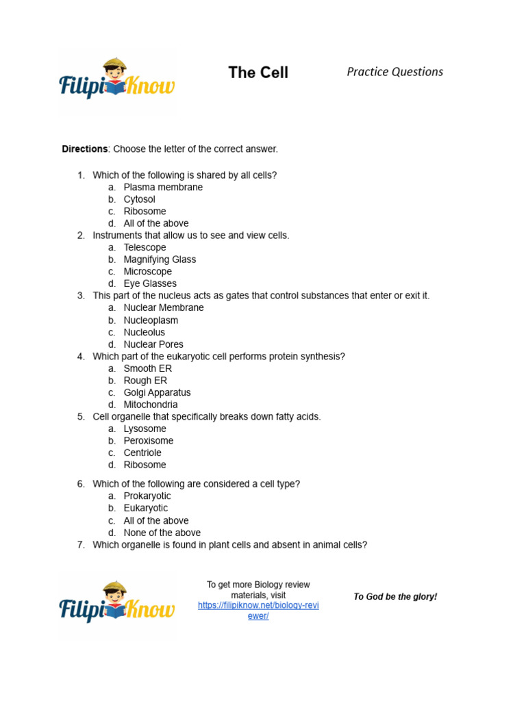 Biology Reviewer The Cell Practice Questions | PDF | Mitosis | Meiosis