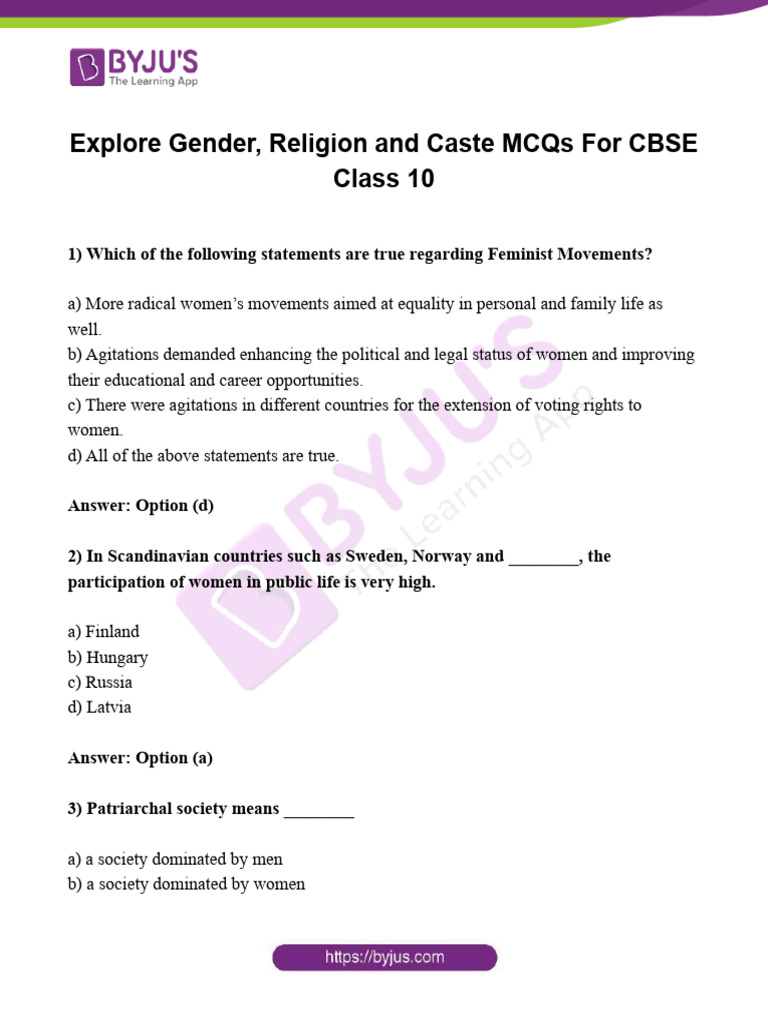 Gender-Religion-and-Caste-MCQ Bye Us | PDF | Woman | Feminist Movement