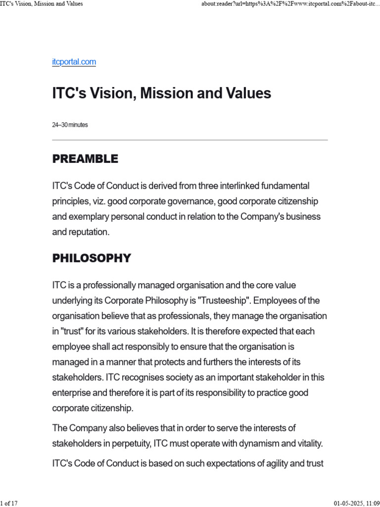 ITC's Vision, Mission and Values | PDF | Sexual Harassment | Conflict ...