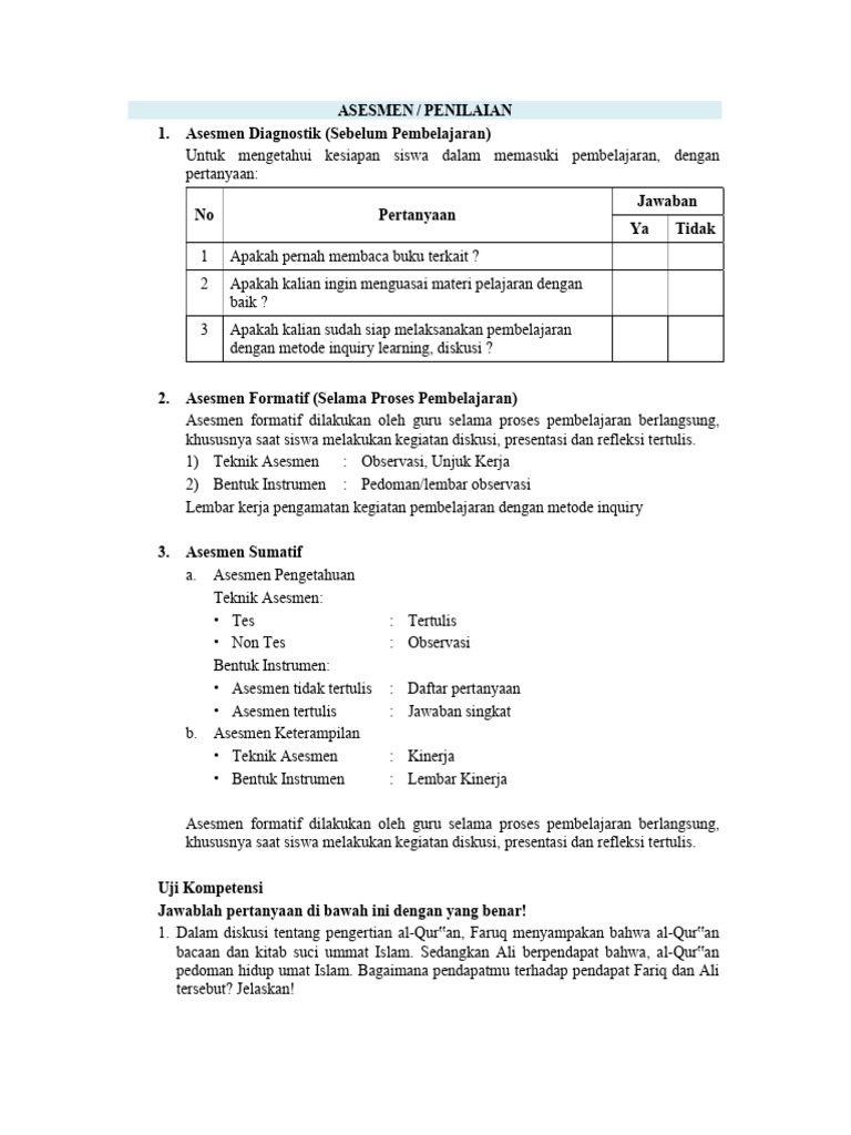 Contoh Format Asesmen Formatif | PDF