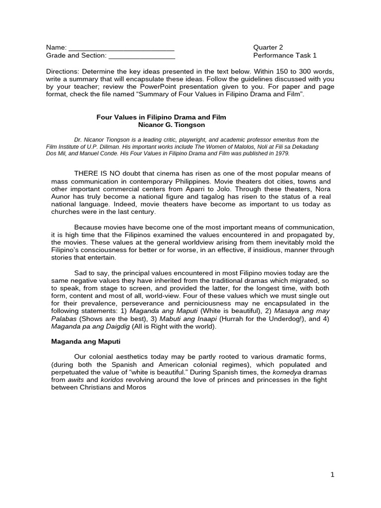 Four Values in Filipino Cinema | PDF | Philippines