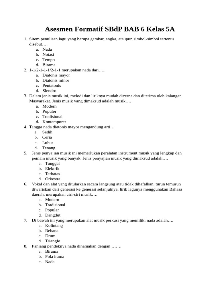 Asesmen Formatif SBdP BAB 6 Kelas 5A | PDF
