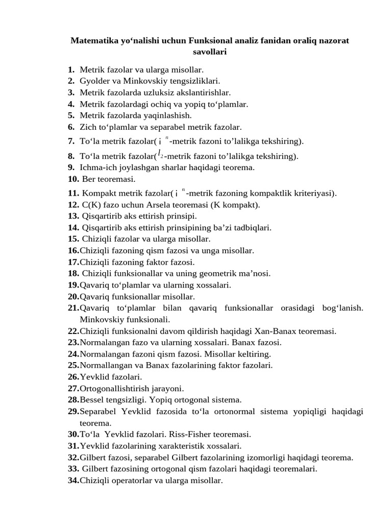 Funksional Analizdan Oraliq Nazorat Savollari | PDF