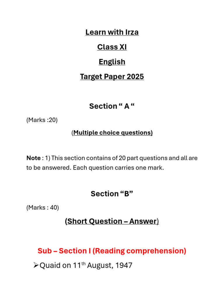 1st Year English Target Paper | PDF