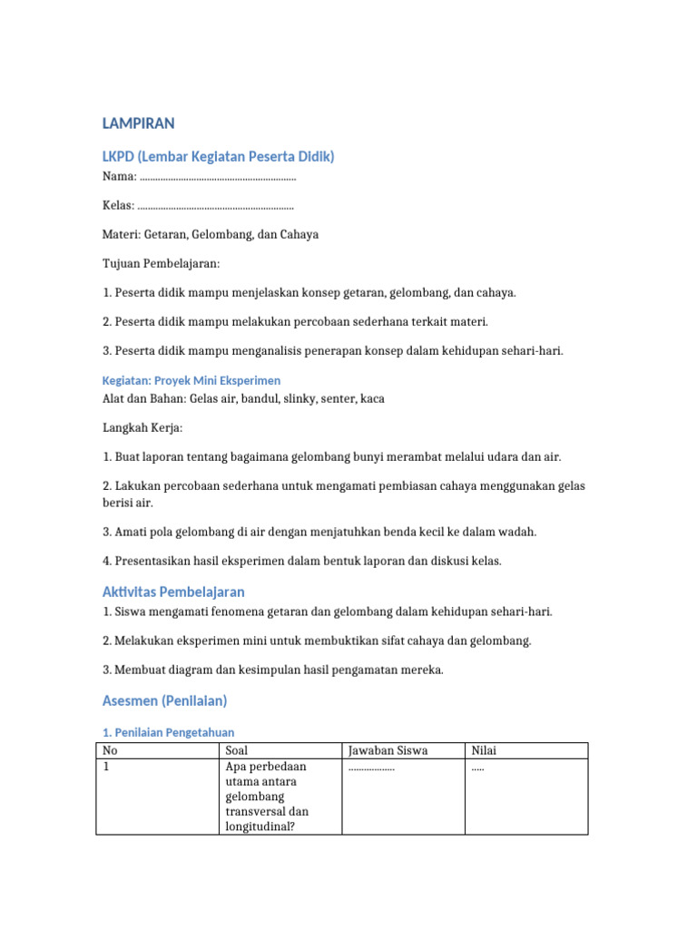 LAMPIRAN LKPD Gelombang Getaran Cahaya v3 | PDF