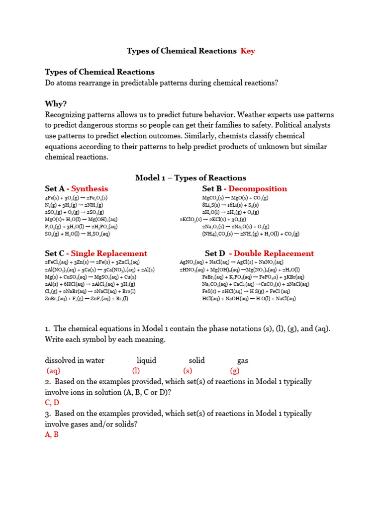 Types of Chemical Reactions Key (1) | PDF | Chemical Reactions | Hydroxide