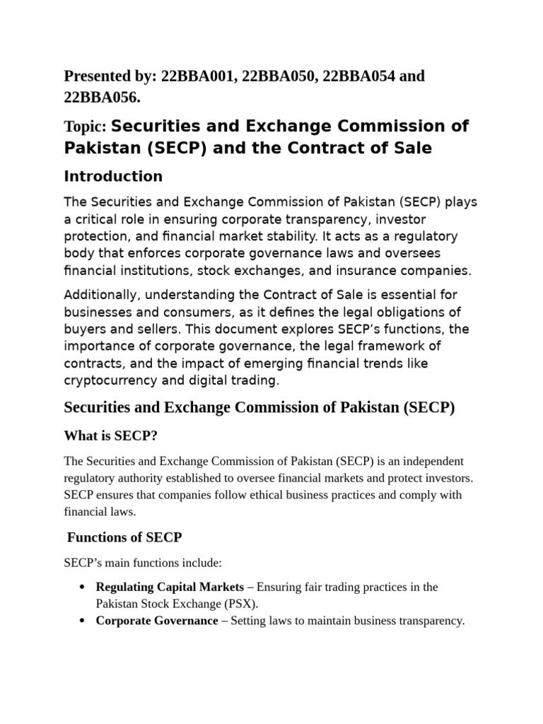 Securities and Exchange Commission of Pakistan (SECP) and The Contract ...