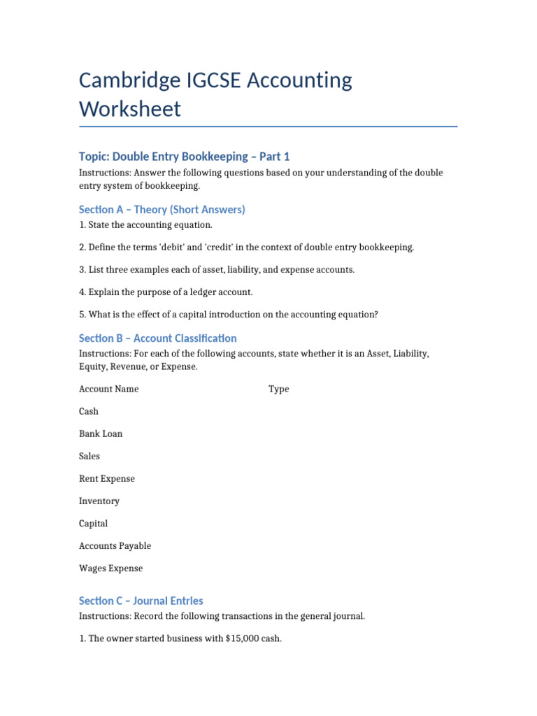 Double Entry Bookkeeping Worksheet | PDF