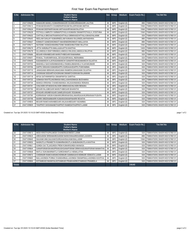 First Year Exam Fees Report 2025 | PDF