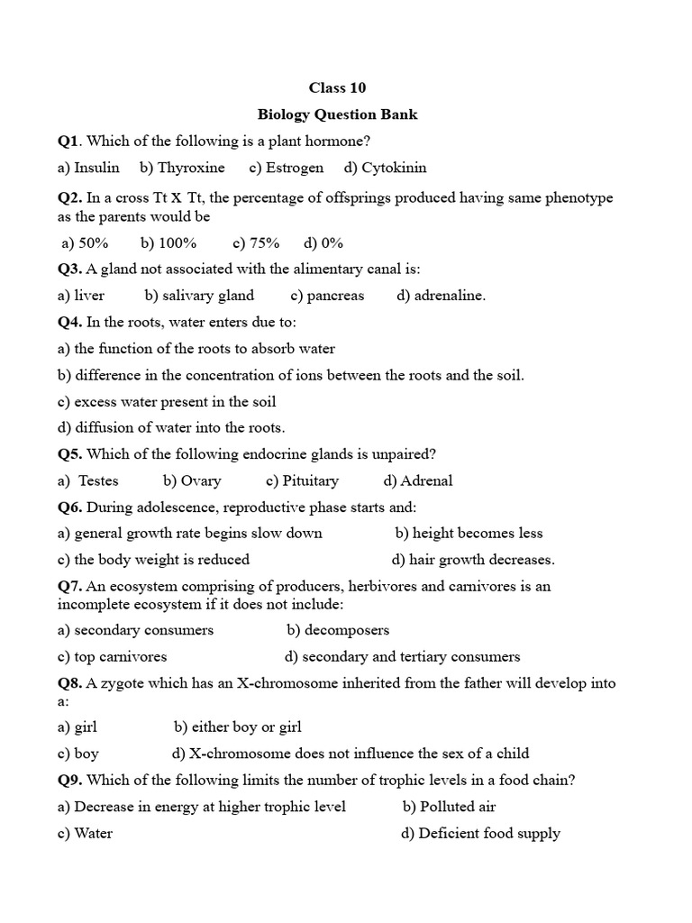 Class 10 Biology Question Bank | PDF | Digestion | Hormone