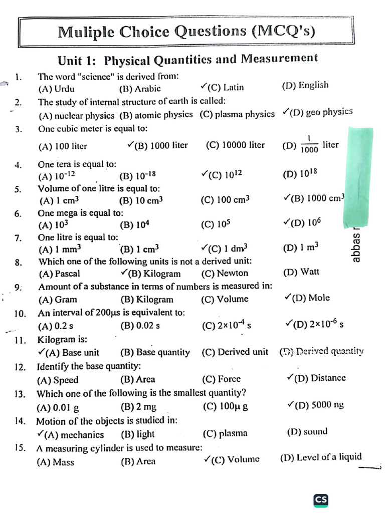 Physics MCQS Class 9th | PDF