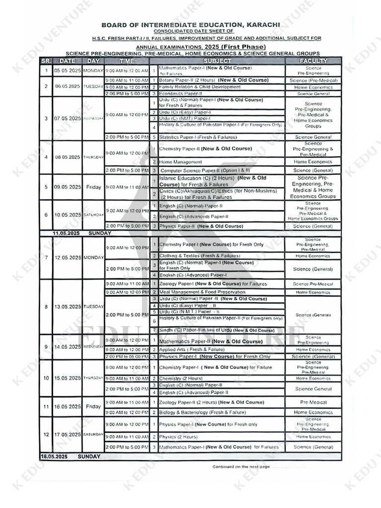 Inter Phase 1 Date Sheet 2025 K Edu Venture | PDF