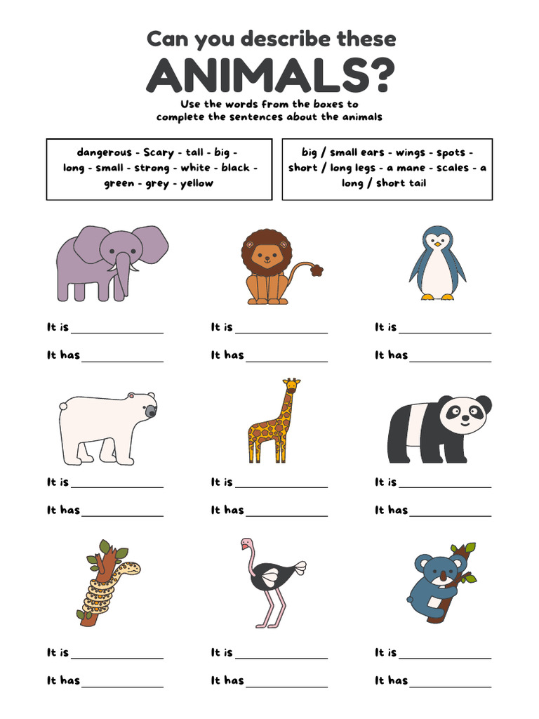 Colorful Describe The Animals Worksheet | PDF