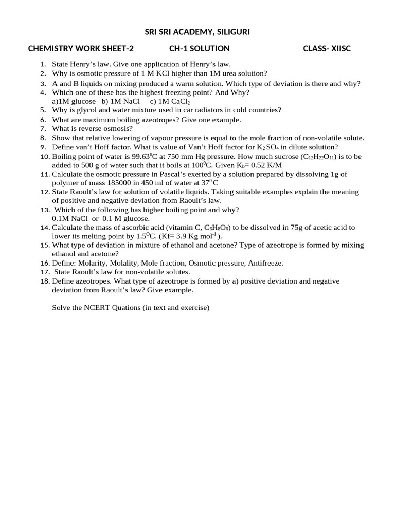 CH-1 Work Sheet-2 Solution - Cl-Xii | PDF