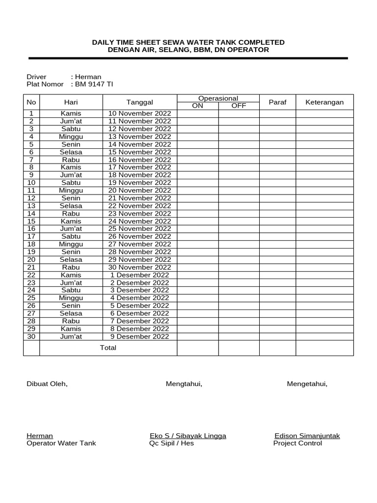 Daily Time Sheet Sewa Water Tank Completed Dengan Air | PDF