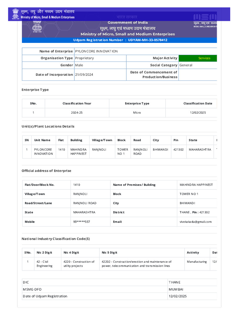 Udyam Registration Number: UDYAM-MH-33-0578412: Services | PDF