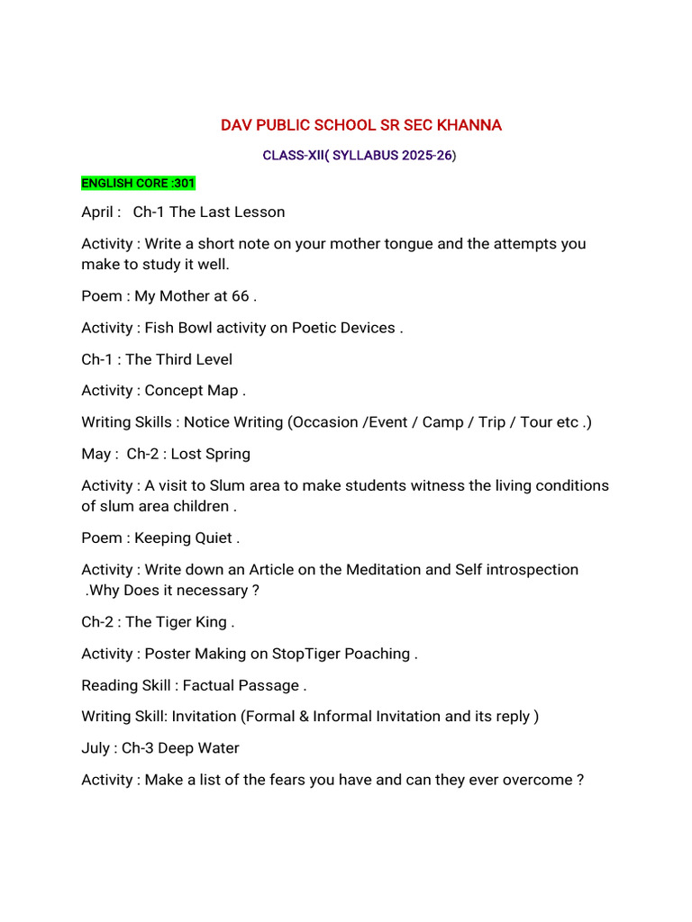 DAV Class 12 English Syllabus 2025-26 | PDF | Measures Of National ...