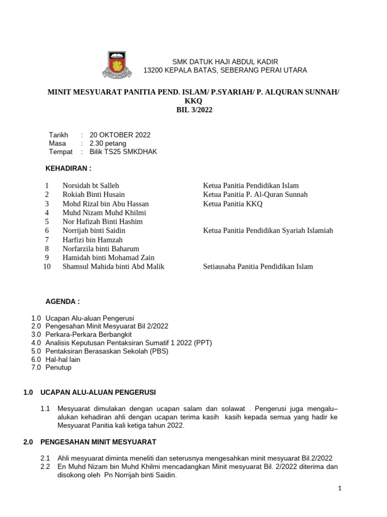 Minit Mesyuarat Panitia Bil 3 2022 | PDF