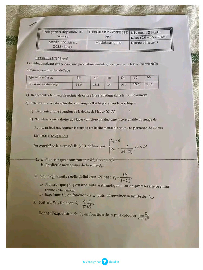 Devoir Math 3eme Math Sy3 Régionale Sousse | PDF