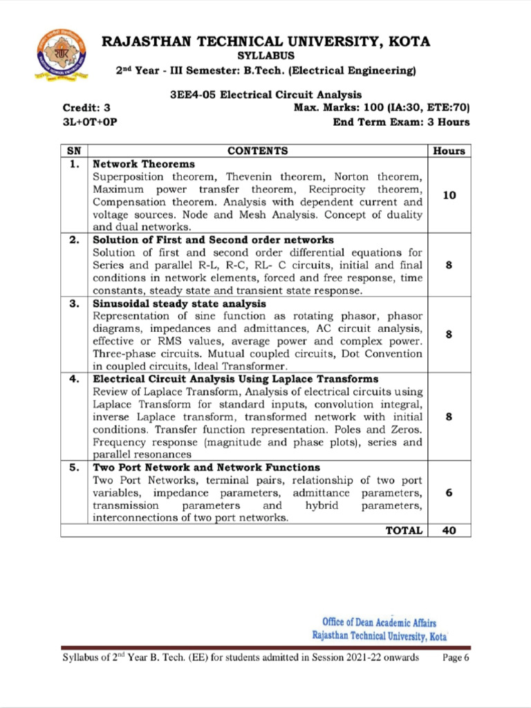 3rd Year Electrical Engineering Electrical Circuit Analysis Syllabus | PDF
