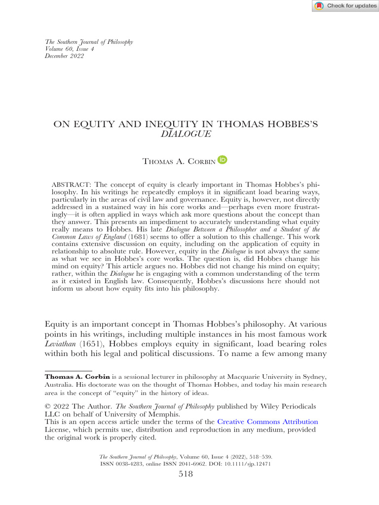 The Southern J of Philosophy - 2022 - Corbin - On Equity and Inequity in Thomas Hobbes S ...