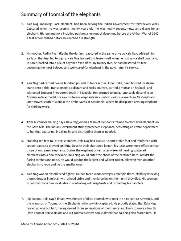 summary of toomai of the elephats | PDF