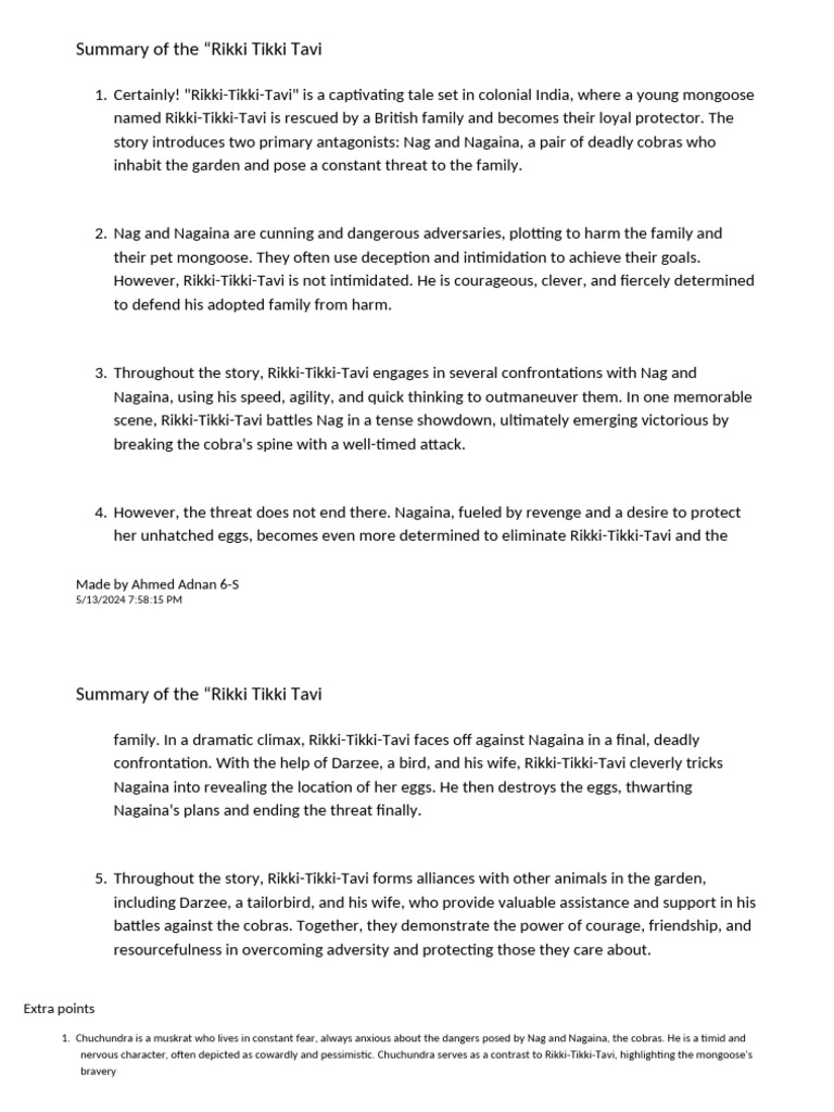 Summary of Rikki Tikki Tavi | PDF | The Jungle Book