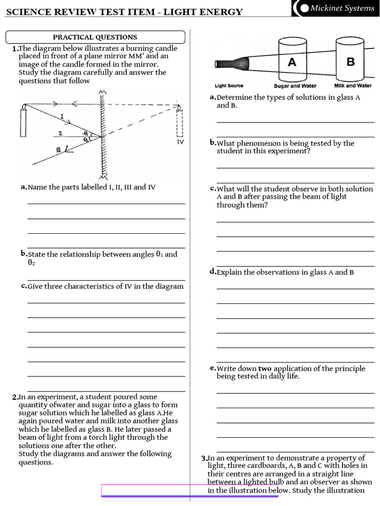Light Energy Review Qs - Visit Mickinet | PDF | Shadow | Reflection ...