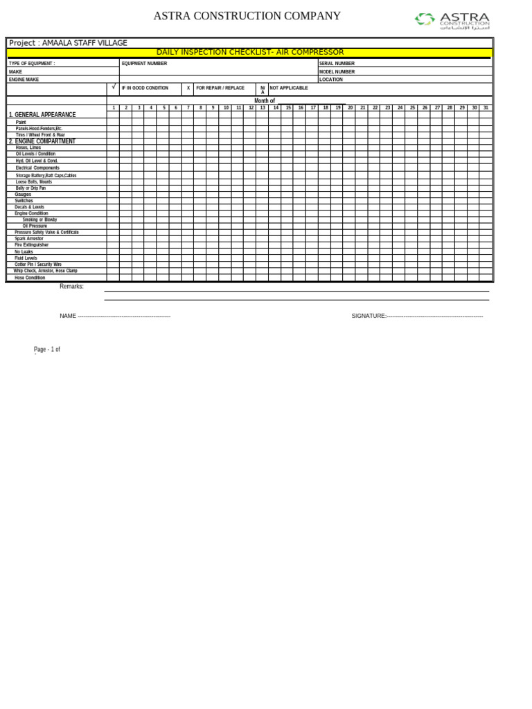 Daily Inspection Checklist Air Compressor | PDF