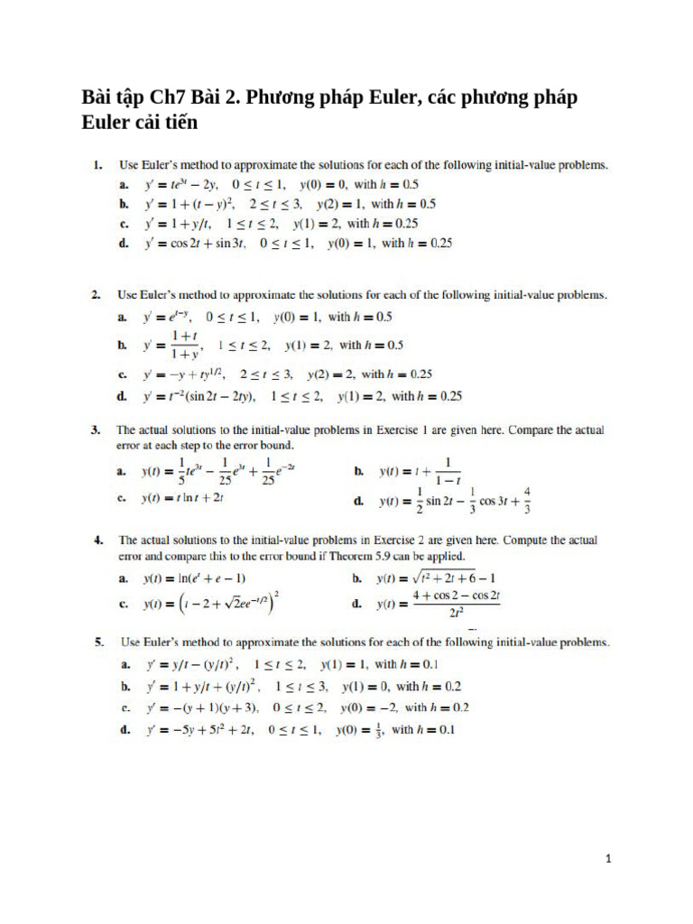 Bài tập Ch7 Bài 2. Phương pháp Euler, các phương pháp Euler cải tiến | PDF