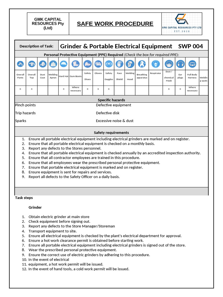 Grinder Safety Procedure and PPE Guide | PDF | Personal Protective ...