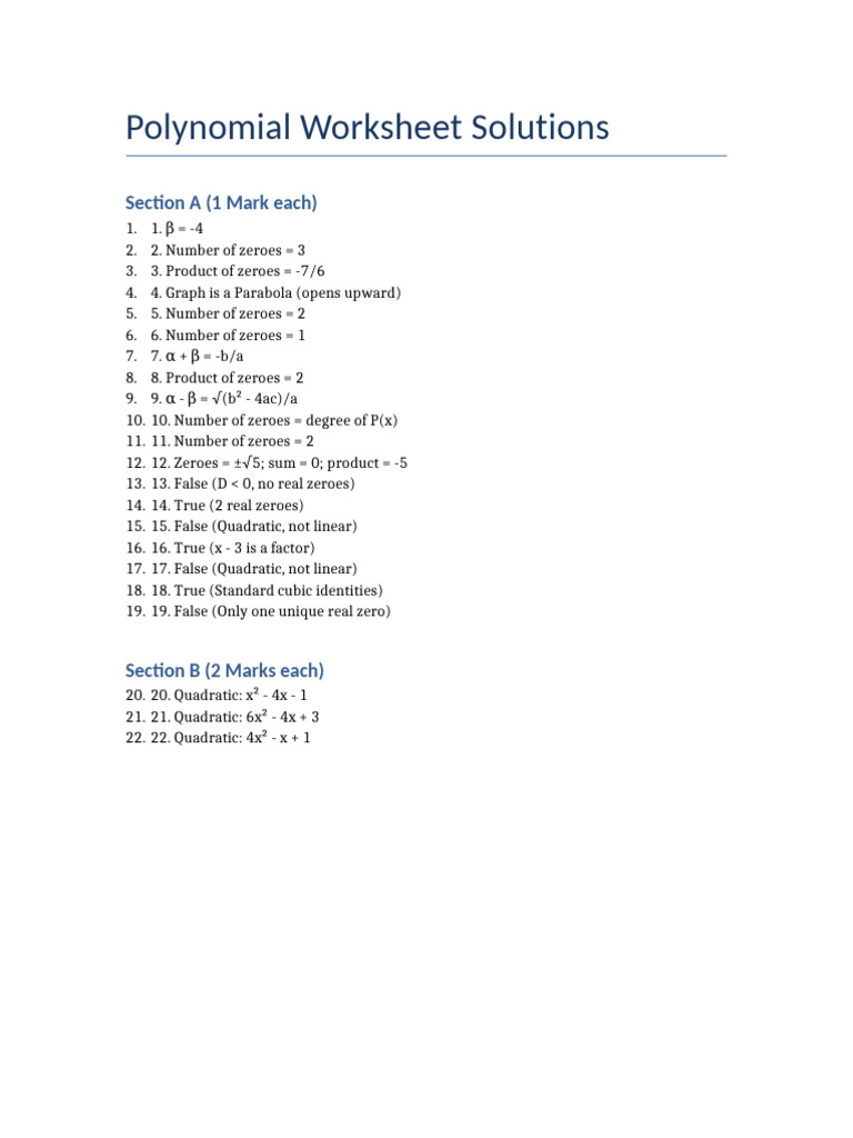 Polynomial Worksheet Solutions | PDF