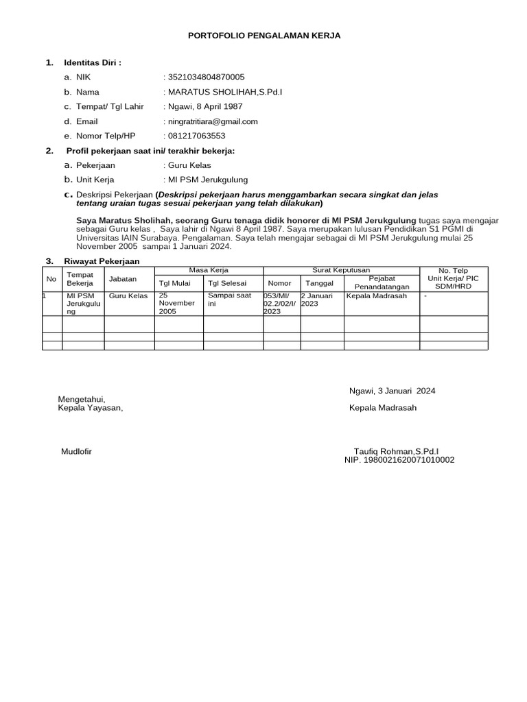 Portofolio - Surat Keterangan Pengalaman Kerja Bagi CPPPK 2022 Mia | PDF