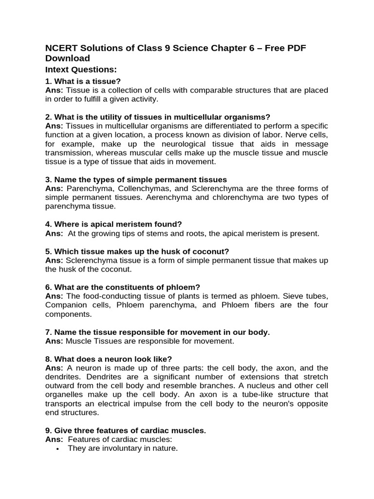 NCERT Solutions of Class 9 Science Chapter 6 | PDF | Tissue (Biology ...