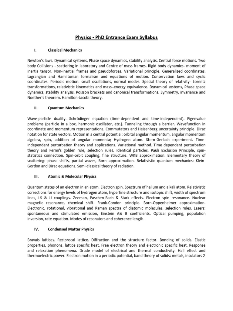PhD Physics Entrance Exam Syllabus | PDF | Spin (Physics) | Momentum