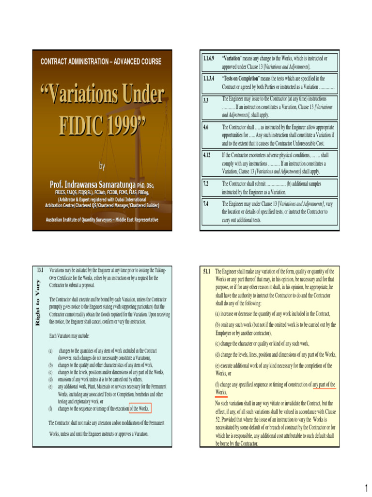 Variations Under FIDIC 1999 | PDF | Prices | Business