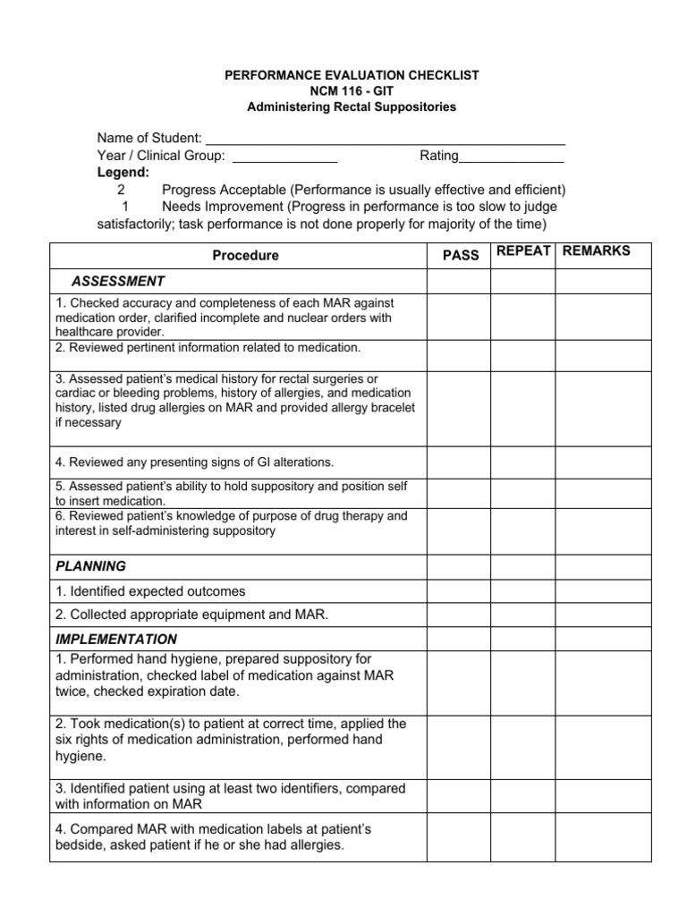 Rectal Suppository Evaluation Checklist | PDF | Clinical Medicine ...