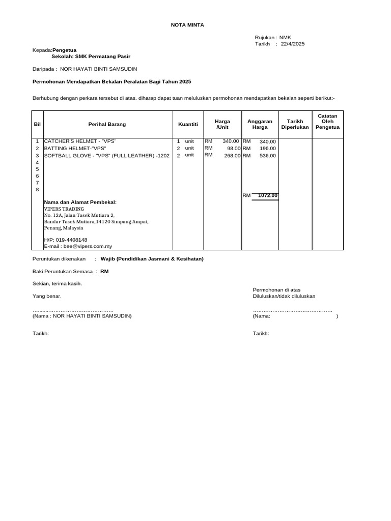 Nota Minta Sofbol Dila | PDF