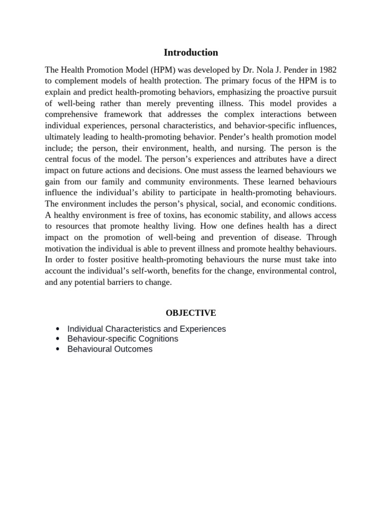 Pender's Health Promotion Model Explained | PDF | Behavior | Self Efficacy